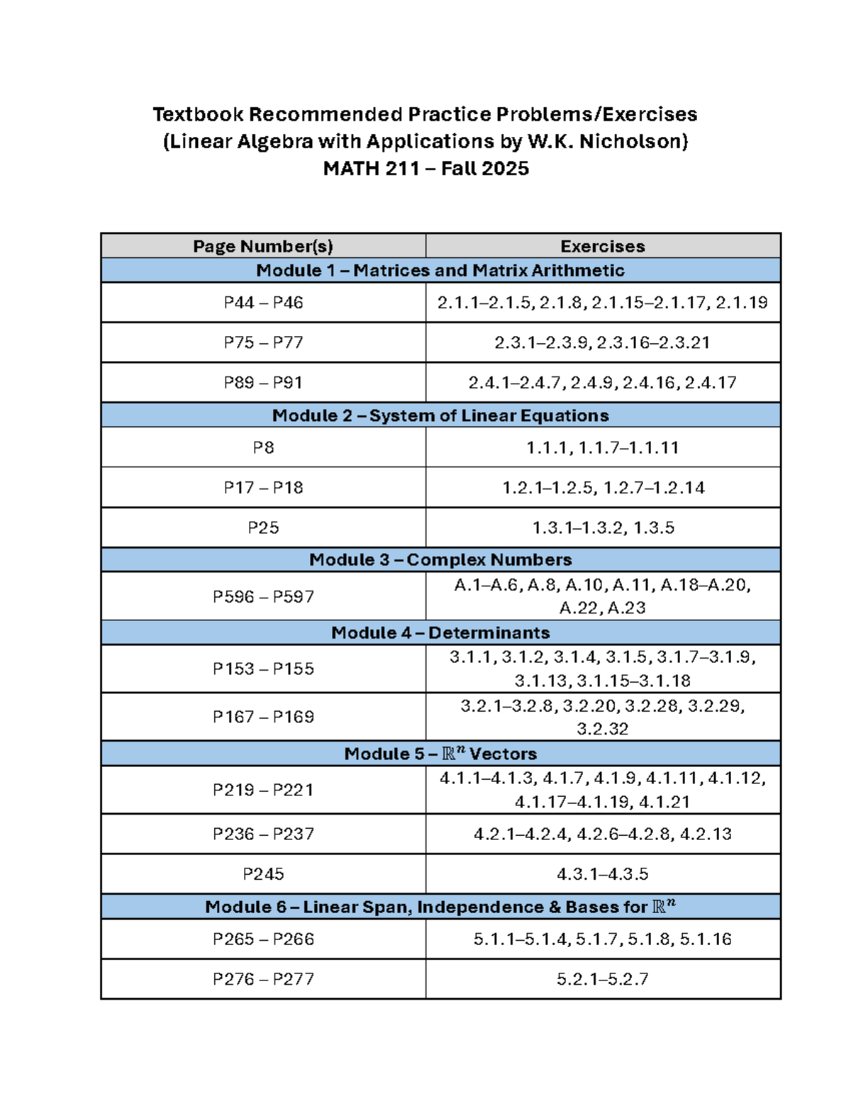 MATH 211 Fall 2025: Recommended Practice Problems for Linear Algebra ...