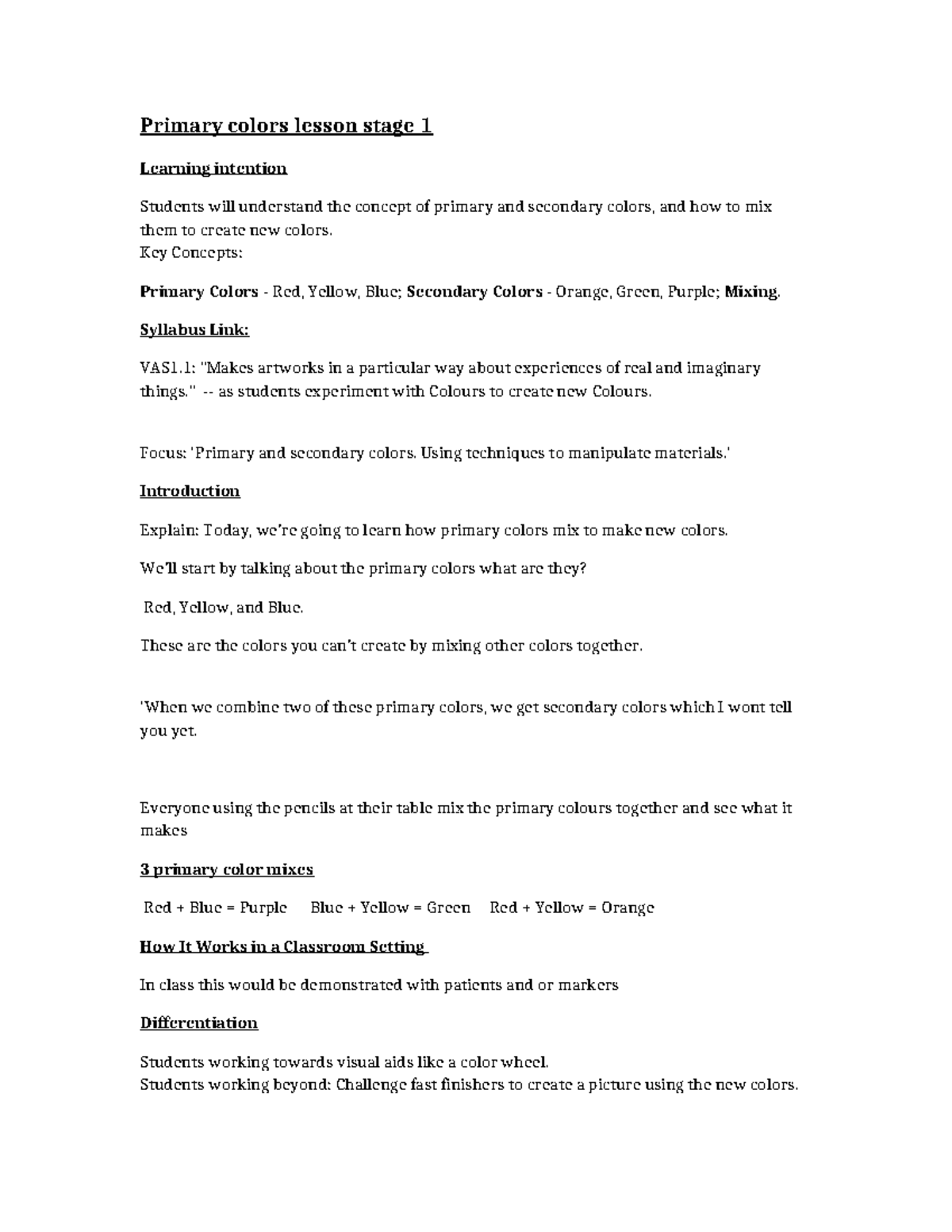 Primary Colors Lesson Stage 1: Mixing & Understanding (VAS1.1) - Studocu