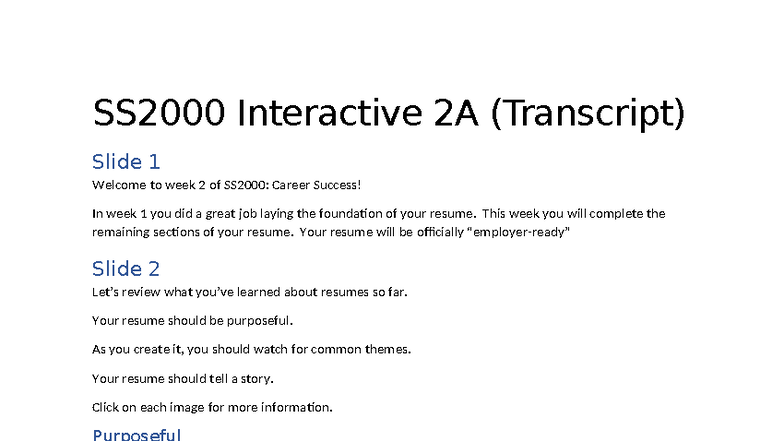 SS2000 Week 2 Interactive Transcript: Resume Development Insights - Studocu
