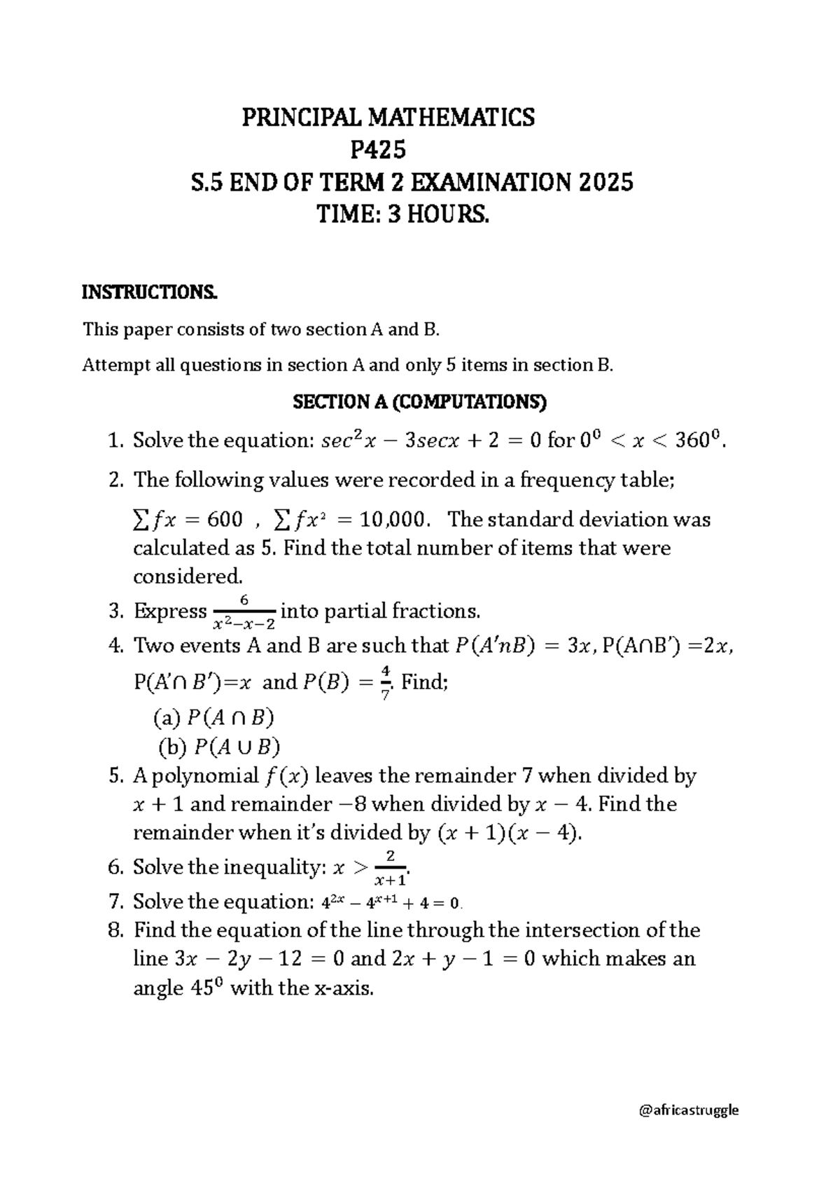 PRINCIPAL MATHEMATICS P425 S.5 END OF TERM 2 EXAMINATION 2025 - Studocu