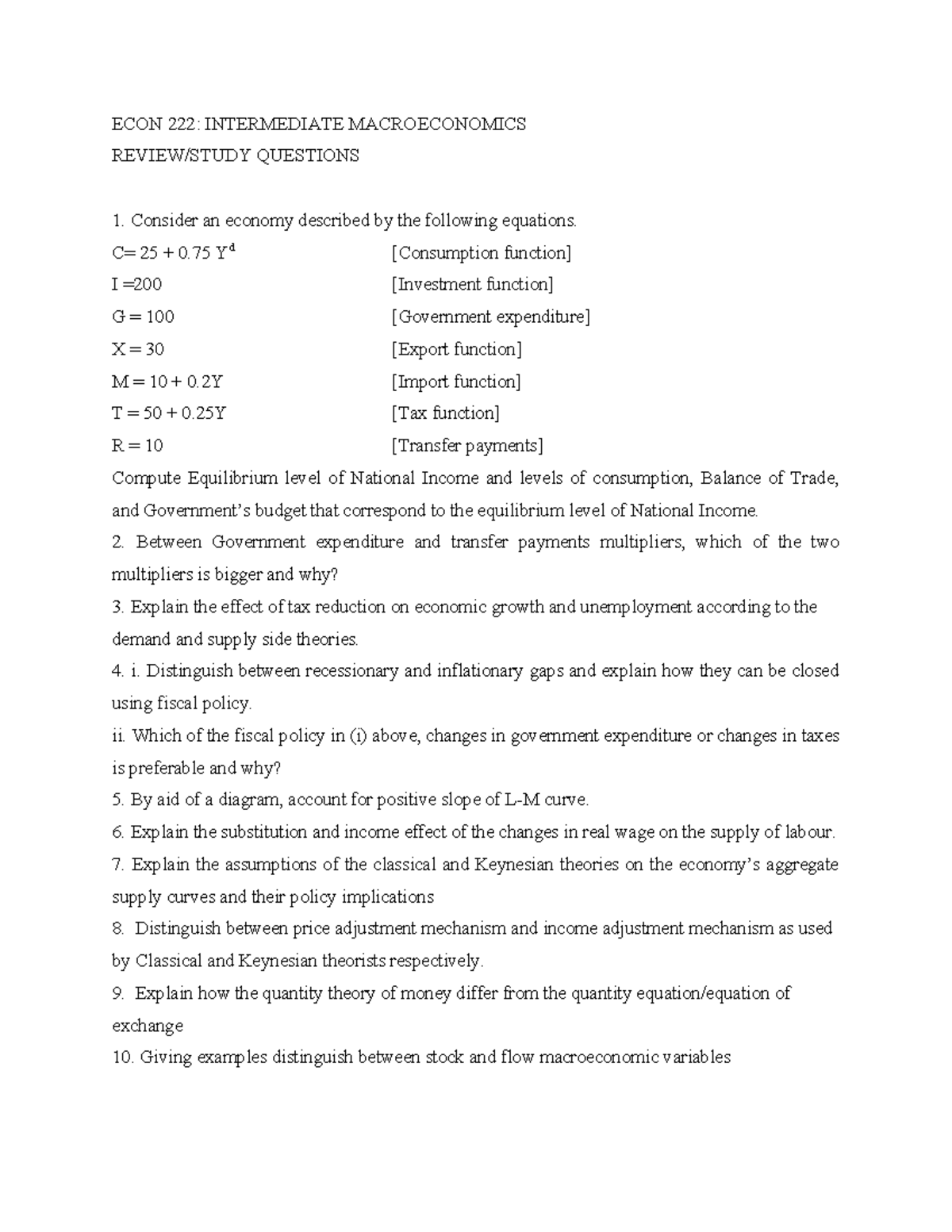 ECON 222 Final Exam Review Questions for Macroeconomics 2026 - Studocu