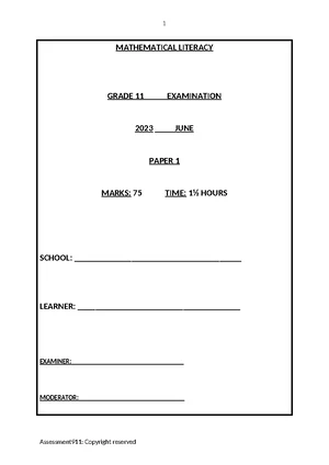 Math Lit Grade 11 June Exam Paper 1: Comprehensive Question Guide - Studocu