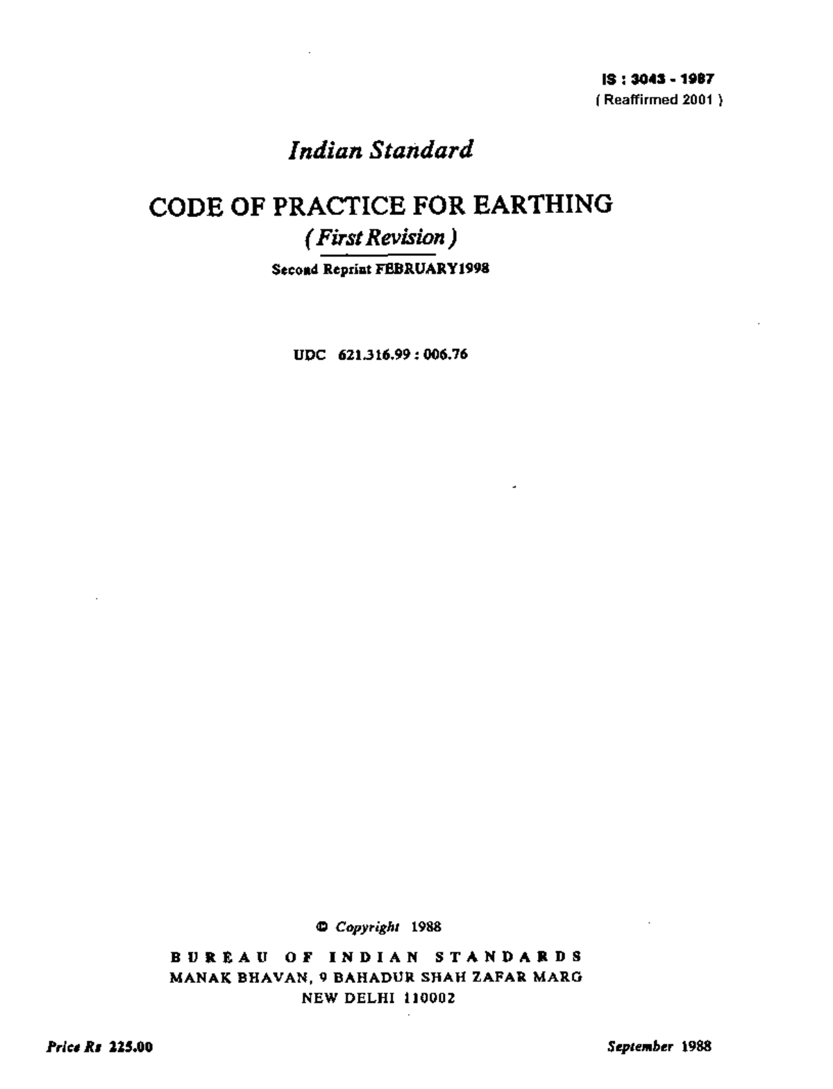 IS 3043:1987 Code of Practice for Earthing - Updated Guidelines - Studocu