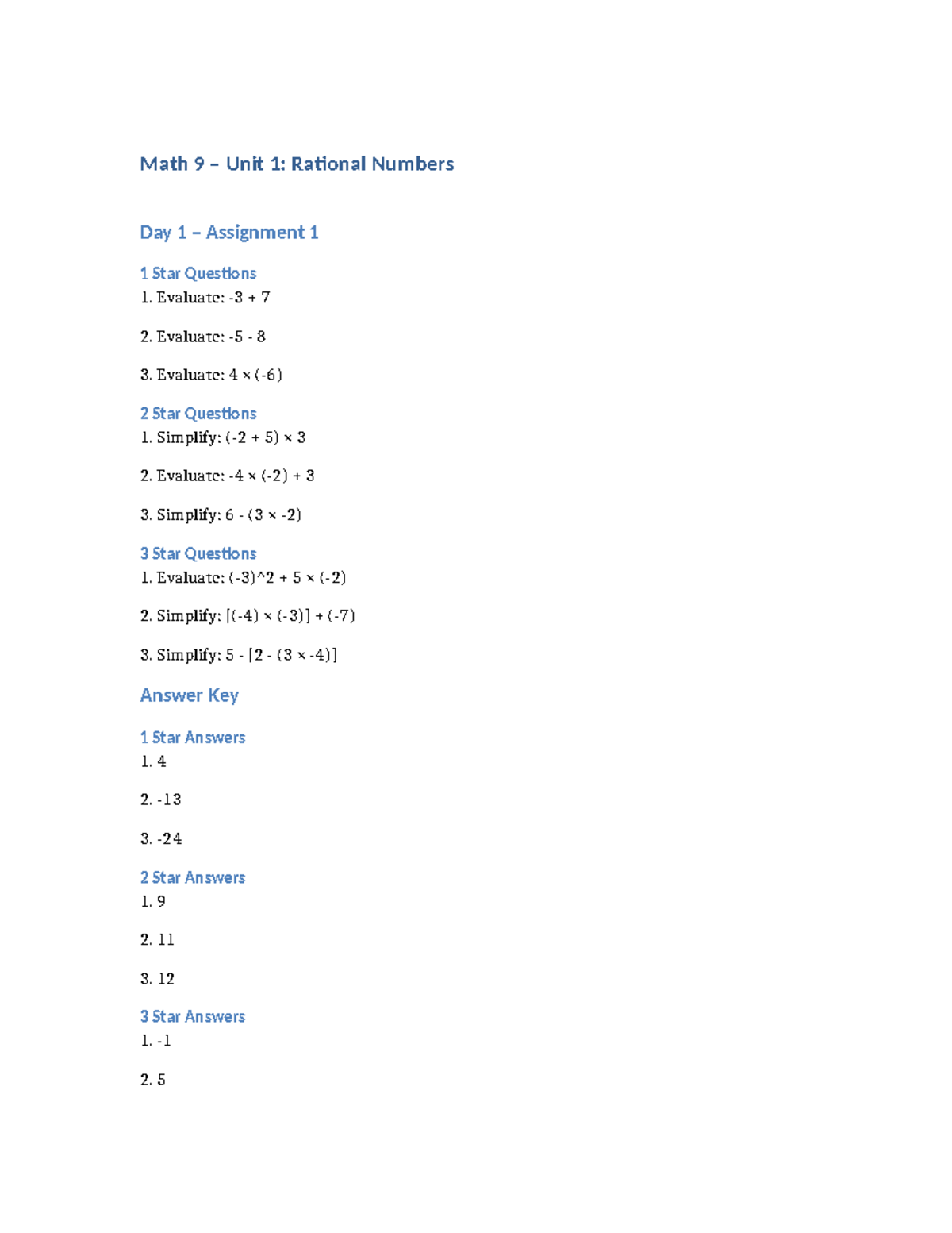 Math 9 Unit 1: Rational Numbers Days 1-3 Assignments & Review - Studocu