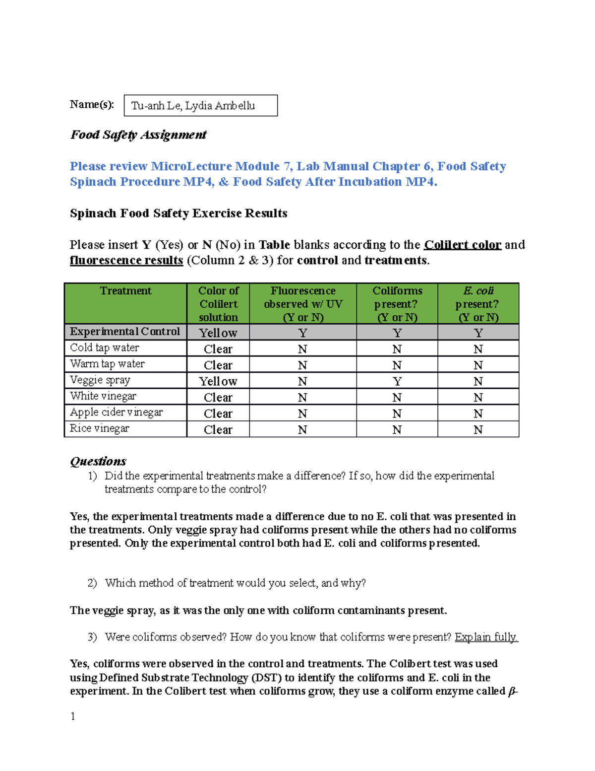 Final Food Safety Assignment revised ON - Name(s): Food Safety ...