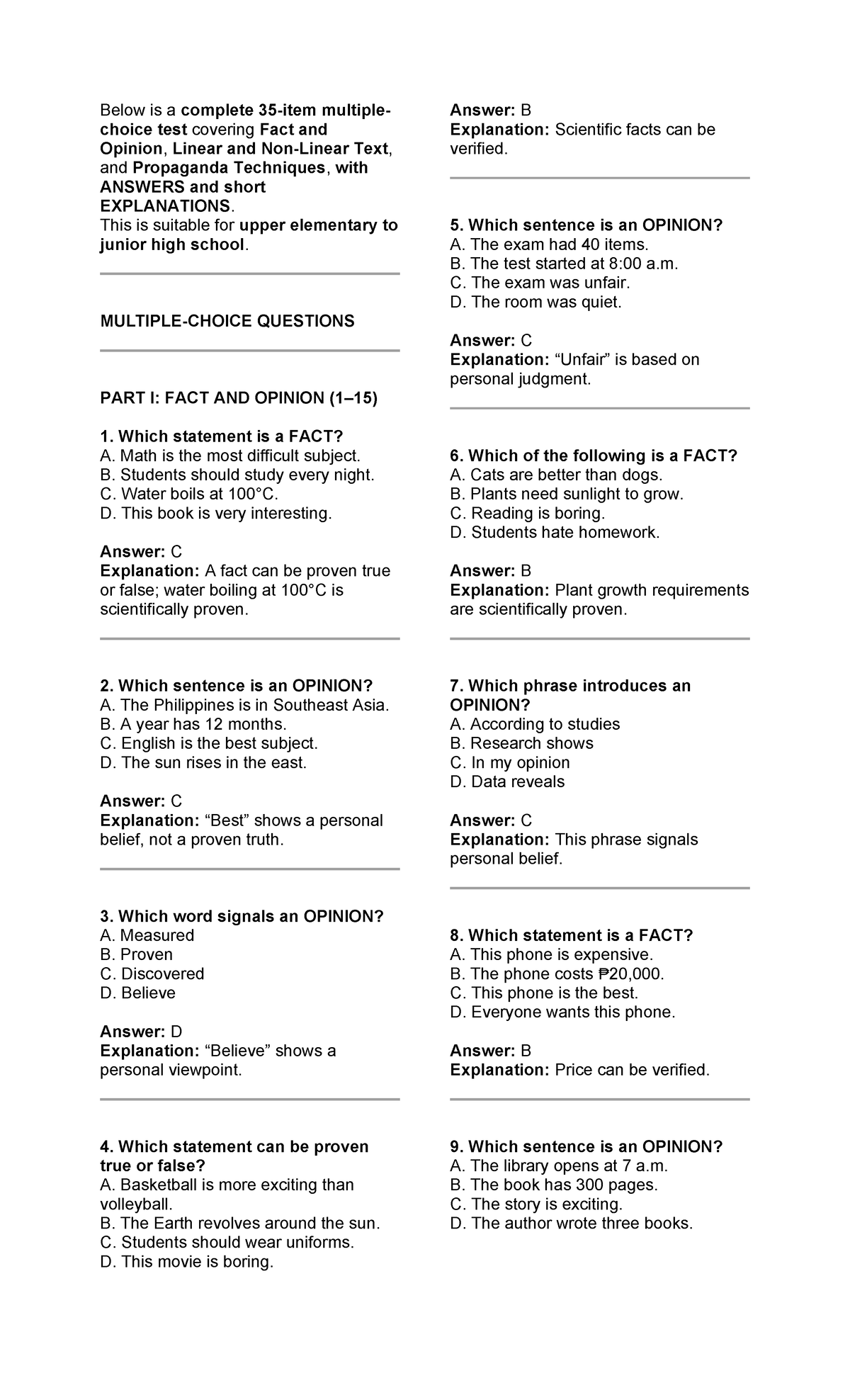 Exam Review: Fact vs. Opinion, Linear Text, & Propaganda Techniques ...