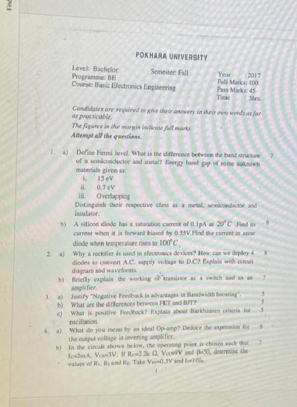 Basic Electronics Engineering Questions - POKHARA UNIVERSITY BE Fall ...