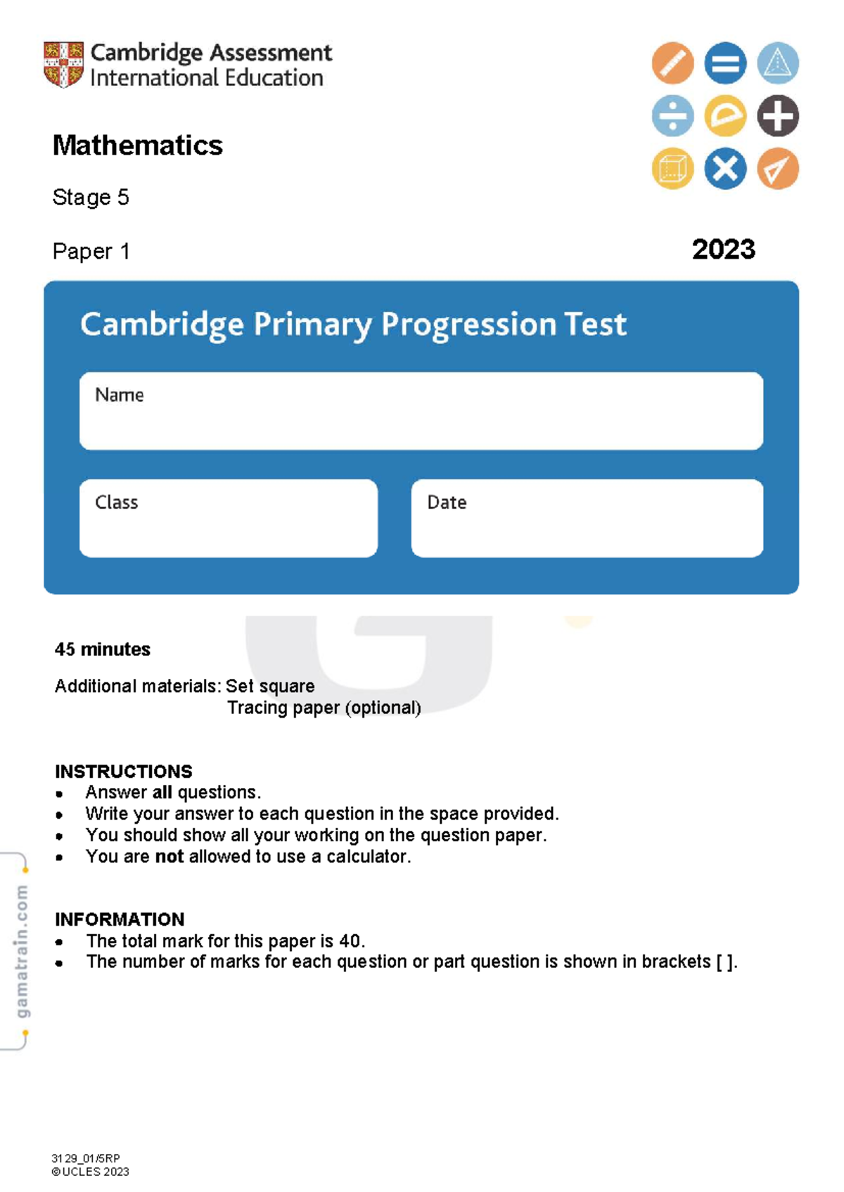 Mathematics Stage 5 Paper 1 2023 - 45 Min Exam Questions - Studocu