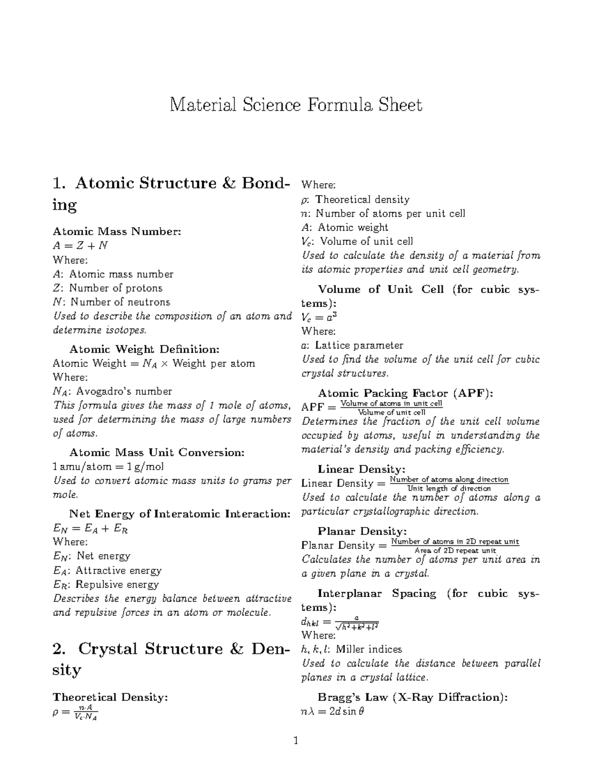 Mtl 101: Material Science Formula Sheet - Atomic Structure & Properties - Studocu