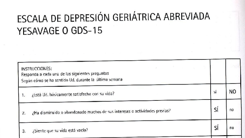 Escala Yesavage de Depresión Geriátrica - Evaluación Emocional - Studocu