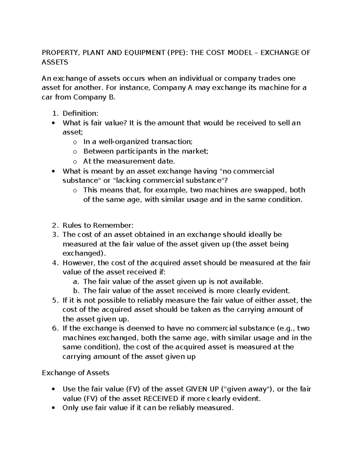 PPE Cost Model: Asset Exchange and Fair Value Analysis - Studocu