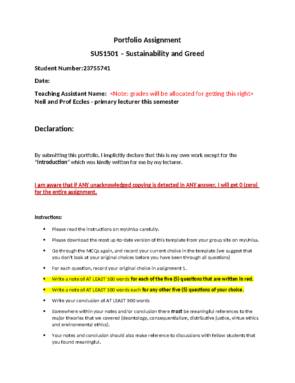 SUS1501 Portf. Assignment: Understanding Sustainability & Greed - Studocu