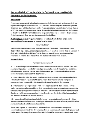 Explication linéaire - Oral - Olympe de Gouges, DDFC, (1791) - Préambule - Explication linéaire ...