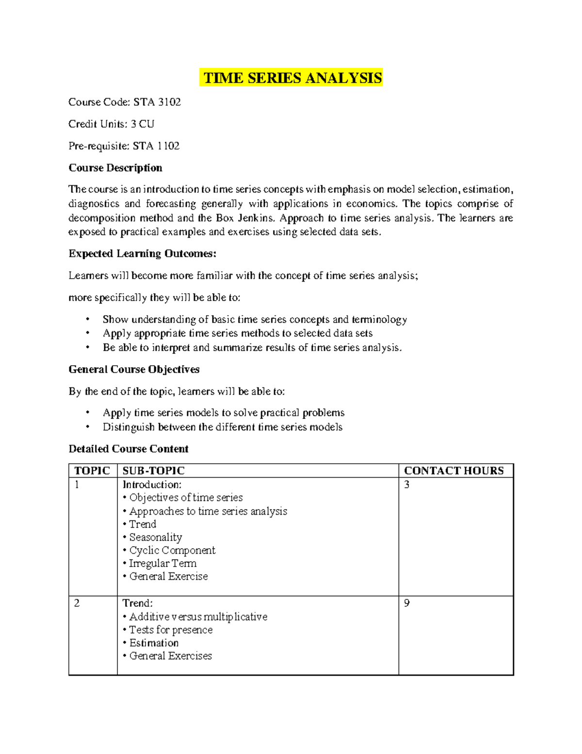 STA 3102 Time Series Analysis: Concepts, Models, and Applications - Studocu