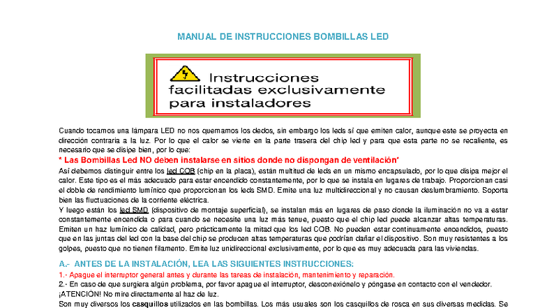 Manual de Montaje de Lámparas LED: Instrucciones y Tipos - Studocu