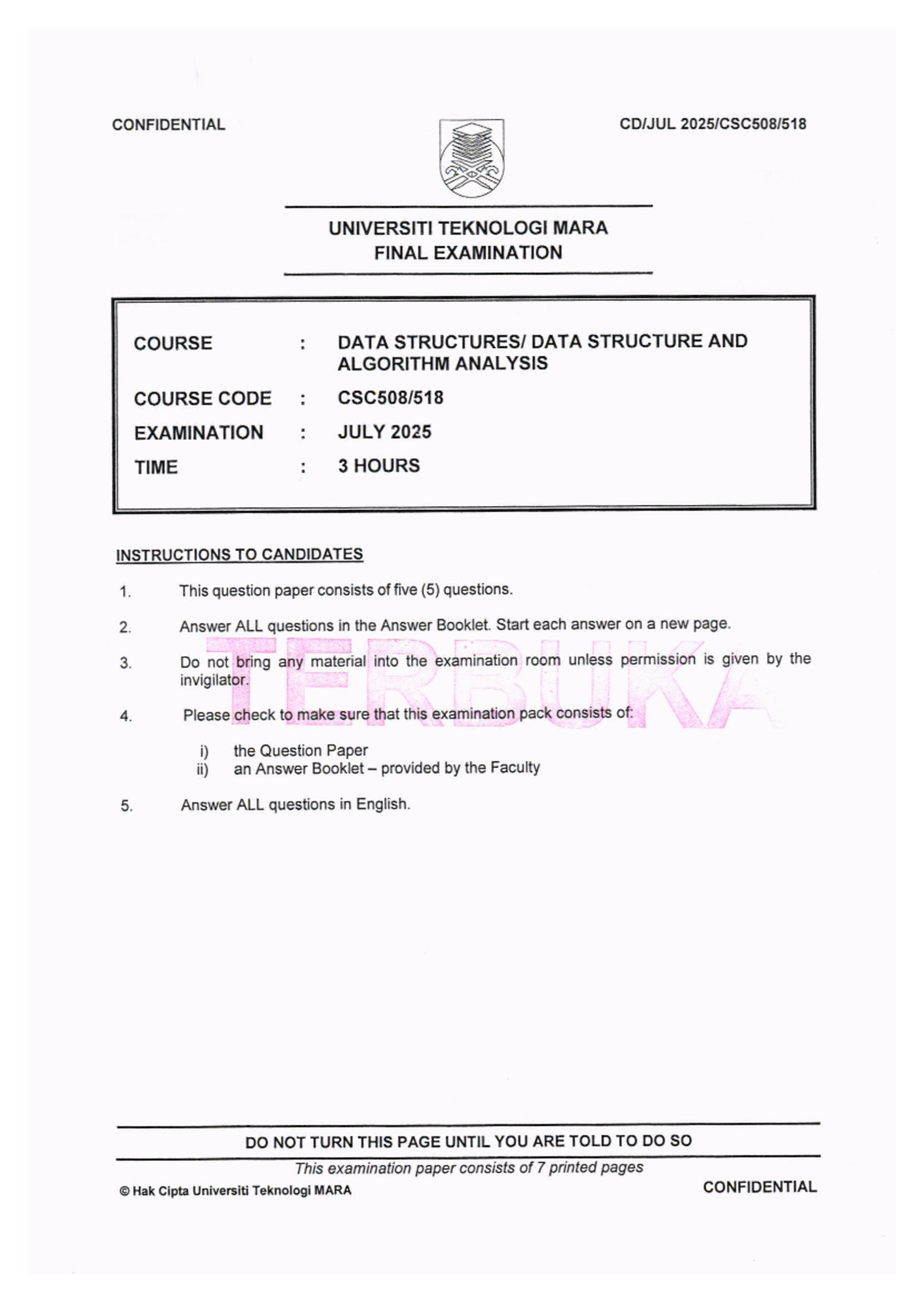 CSC508 Final Exam - Data Structure and Algorithm Analysis (July 2025 ...