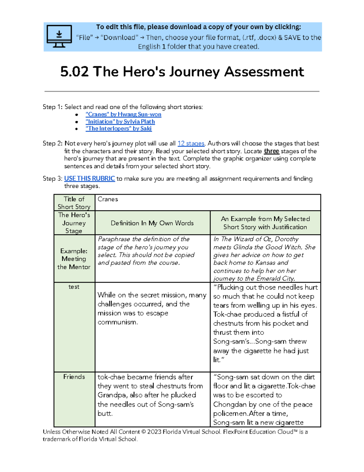 5.02 The Hero's Journey Assessment: Analyzing "Cranes" Story - Studocu