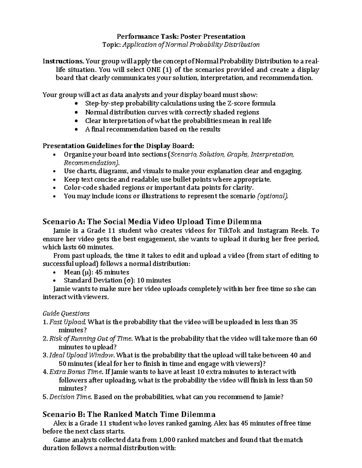 Performance Task: Normal Probability Distribution Application - Studocu