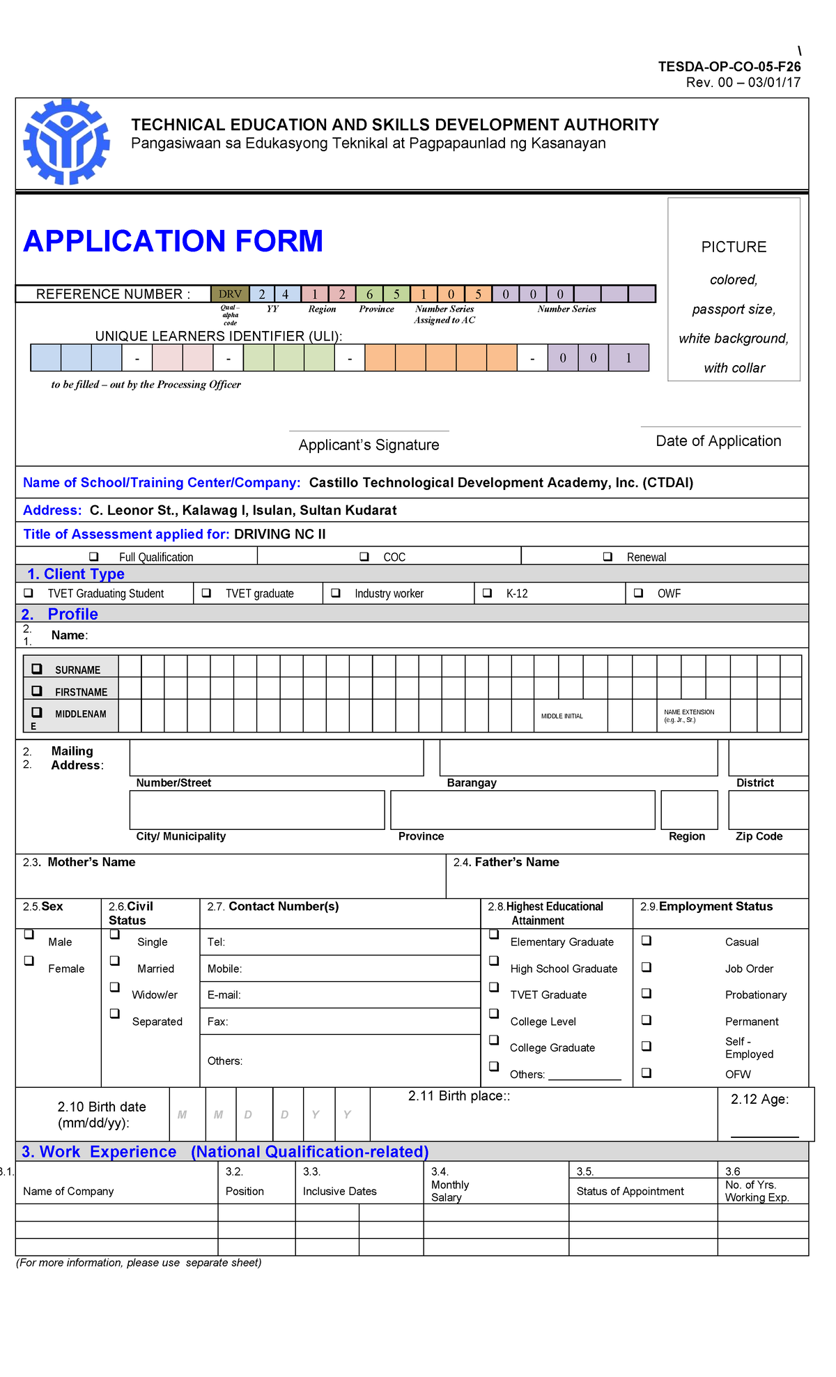Application Form for Driving NC II - CTDAI - Studocu