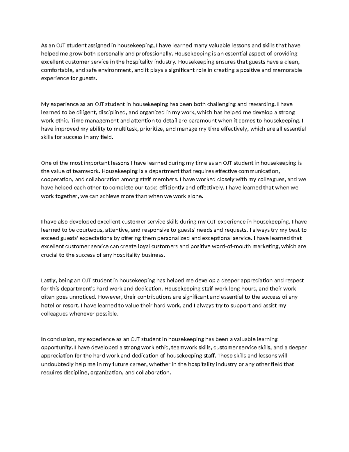 OJT Reflection: Insights from Housekeeping Experience in Hospitality ...