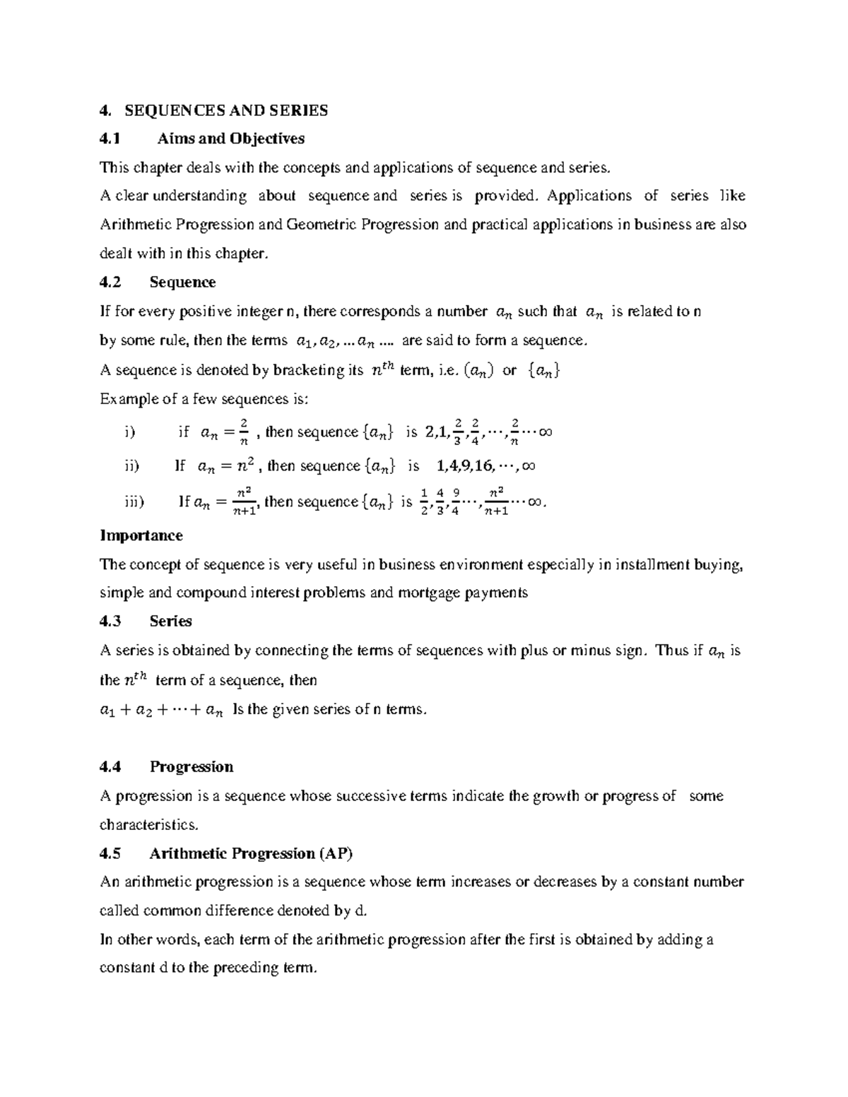 1668782294877 Sequence and Series - 4. SEQUENCES AND SERIES 4 Aims and Objectives This chapter ...