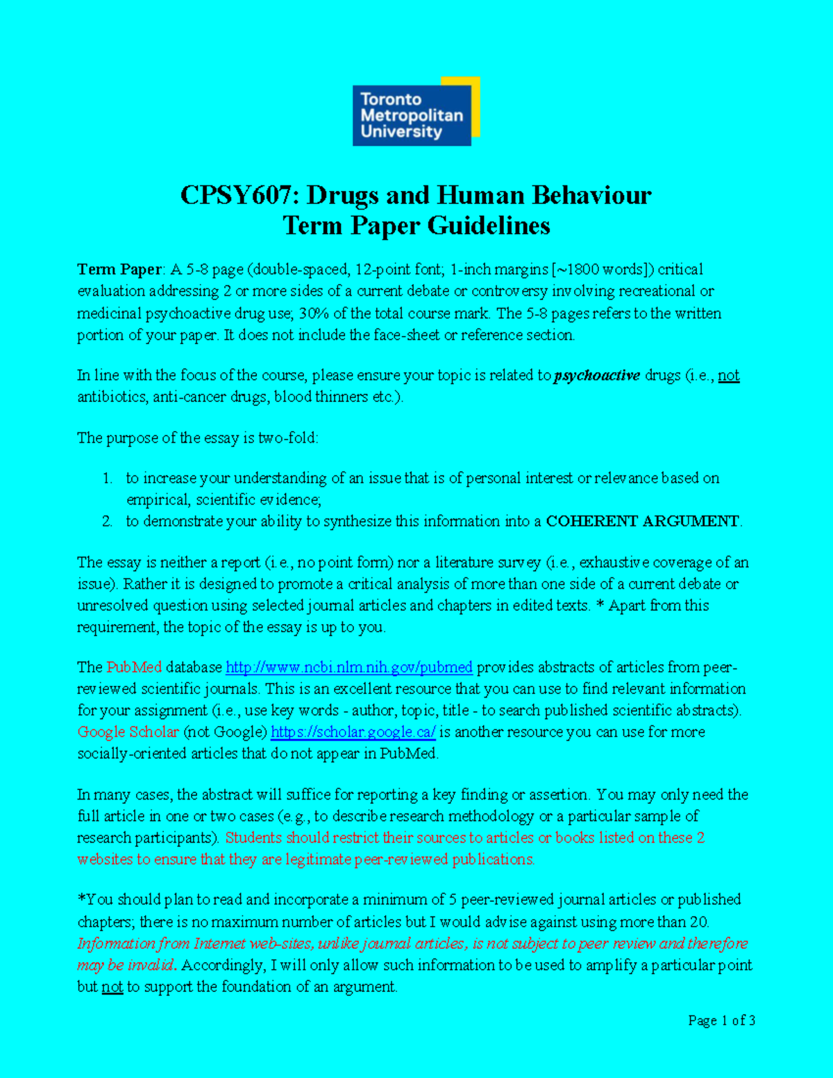 CPSY607: Term Paper Guidelines on Psychoactive Drugs (W 2026) - Studocu