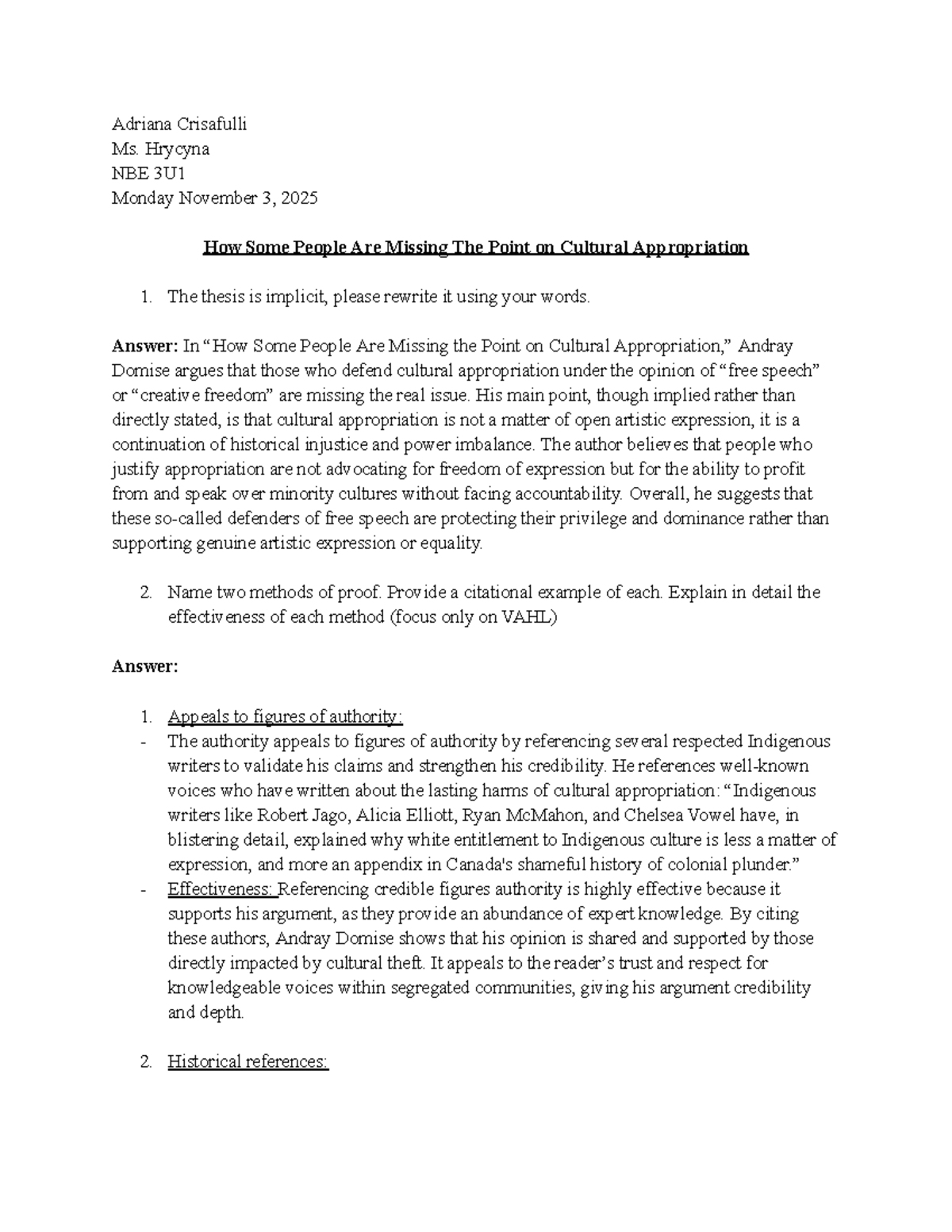 NBE 3U1 Essay Notes: Analyzing Cultural Appropriation Arguments - Studocu