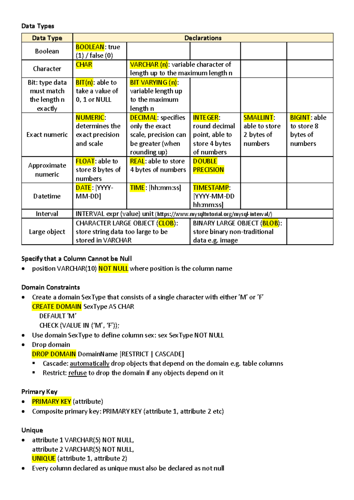 SQL Data Types & Constraints Cheatsheet - Studocu