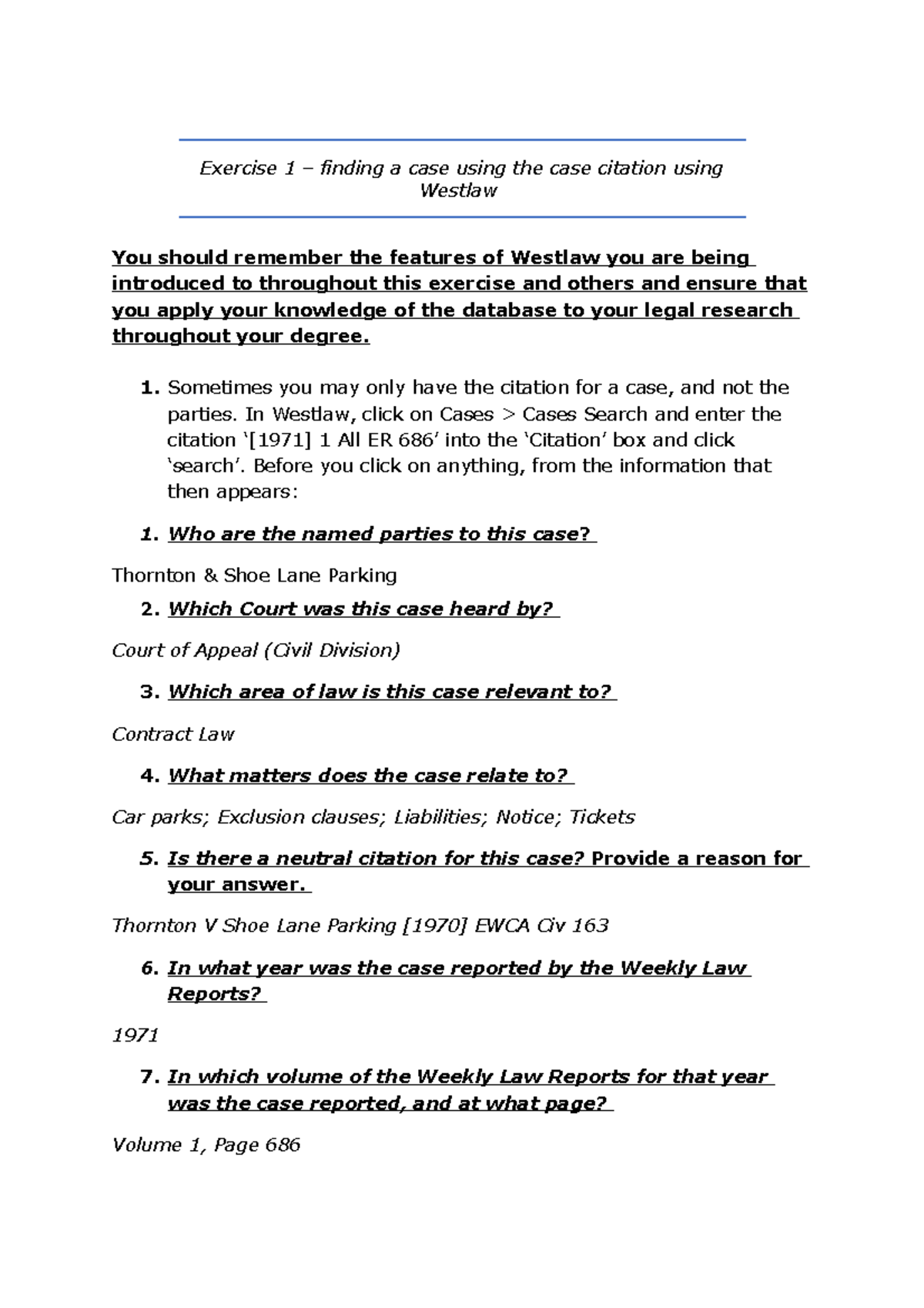 Finding a case using the case citation using Westlaw - ELS - Exercise 1 ...