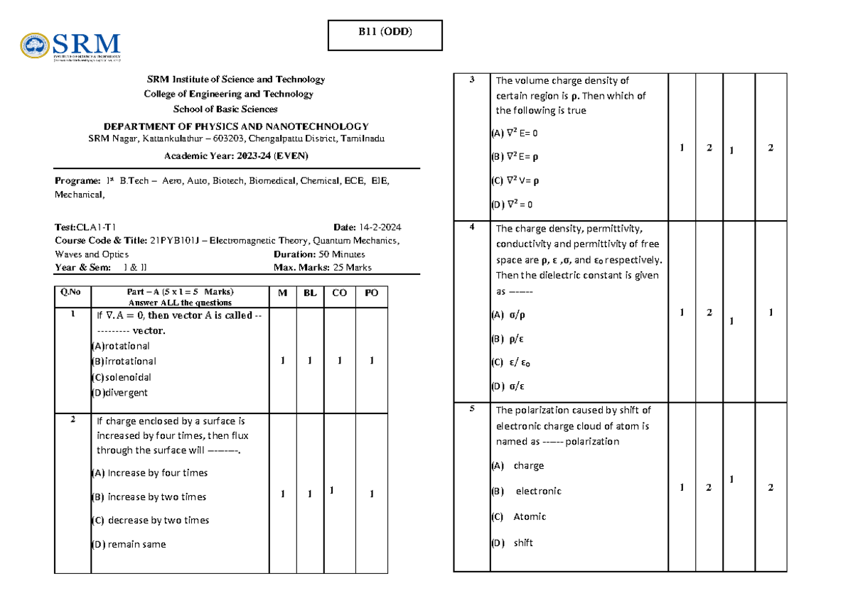 B11 (ODD) 21PYB101J Electromagnetic Theory Practice Questions - Studocu