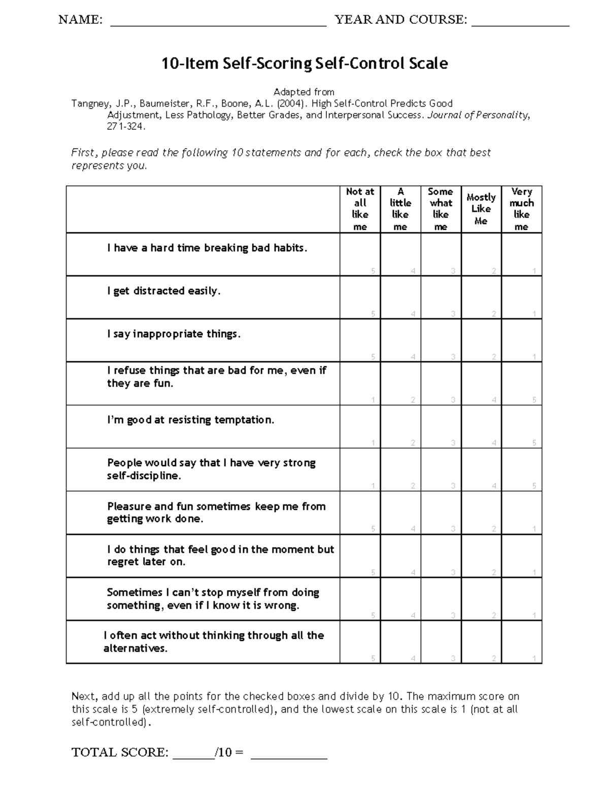 Self Control & Discipline Assessment Questionnaire (Psych 101) - Studocu