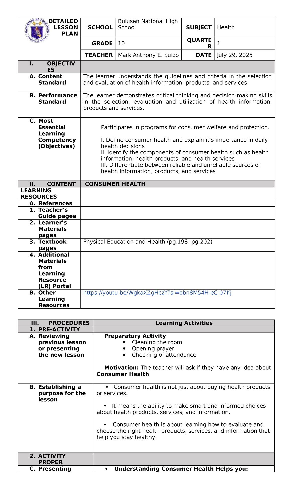 Consumer Health Lesson Plan (Grade 10) - Quarter 1 - Studocu