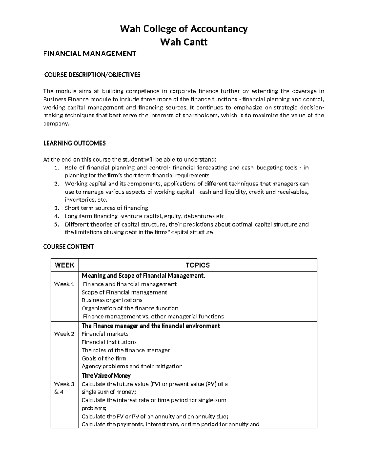 BBA-330 Financial Management - Wah Cantt FINANCIAL MANAGEMENT COURSE ...