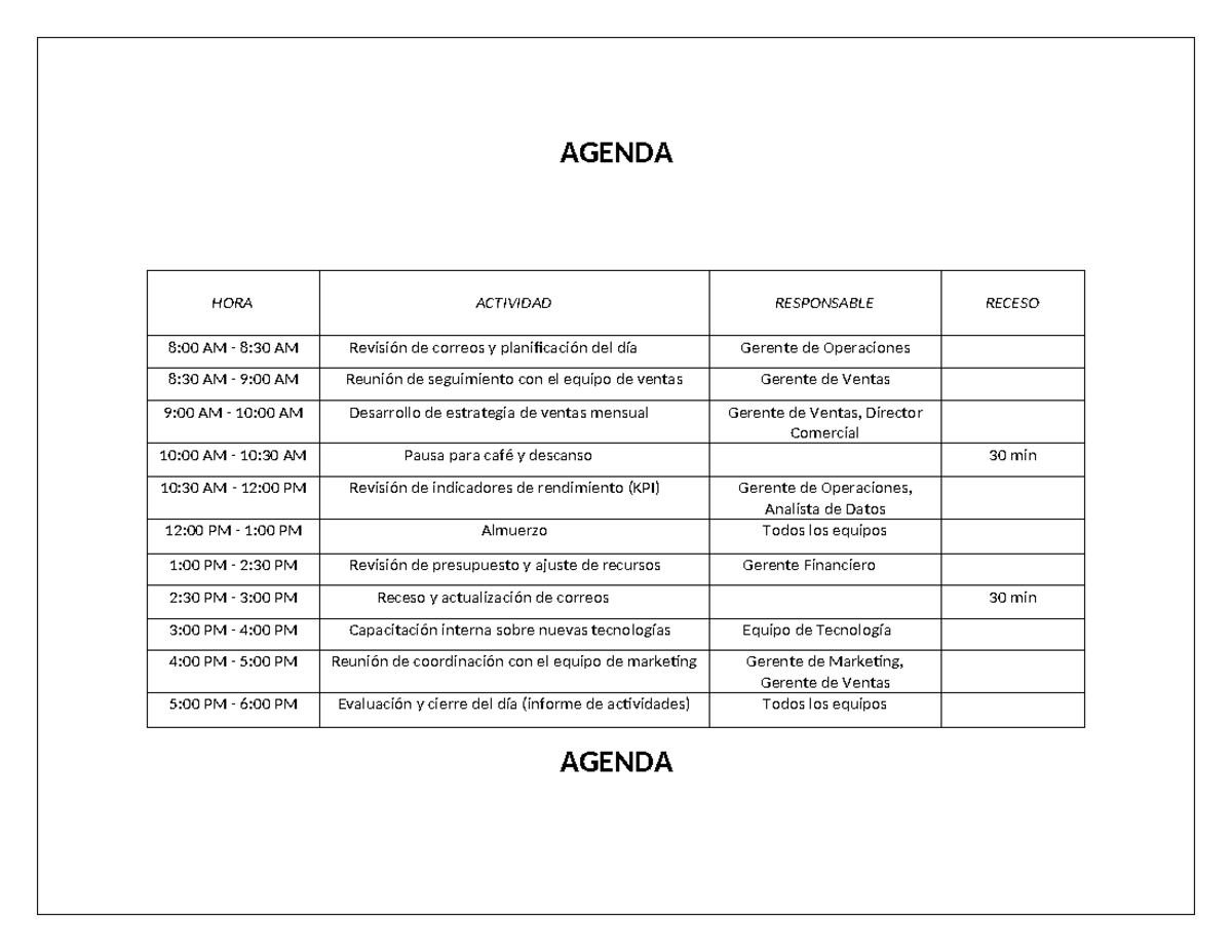 Agendas - redacción y corespondencia - AGENDA AGENDA HORA ACTIVIDAD RESPONSABLE RECESO 8:00 AM ...