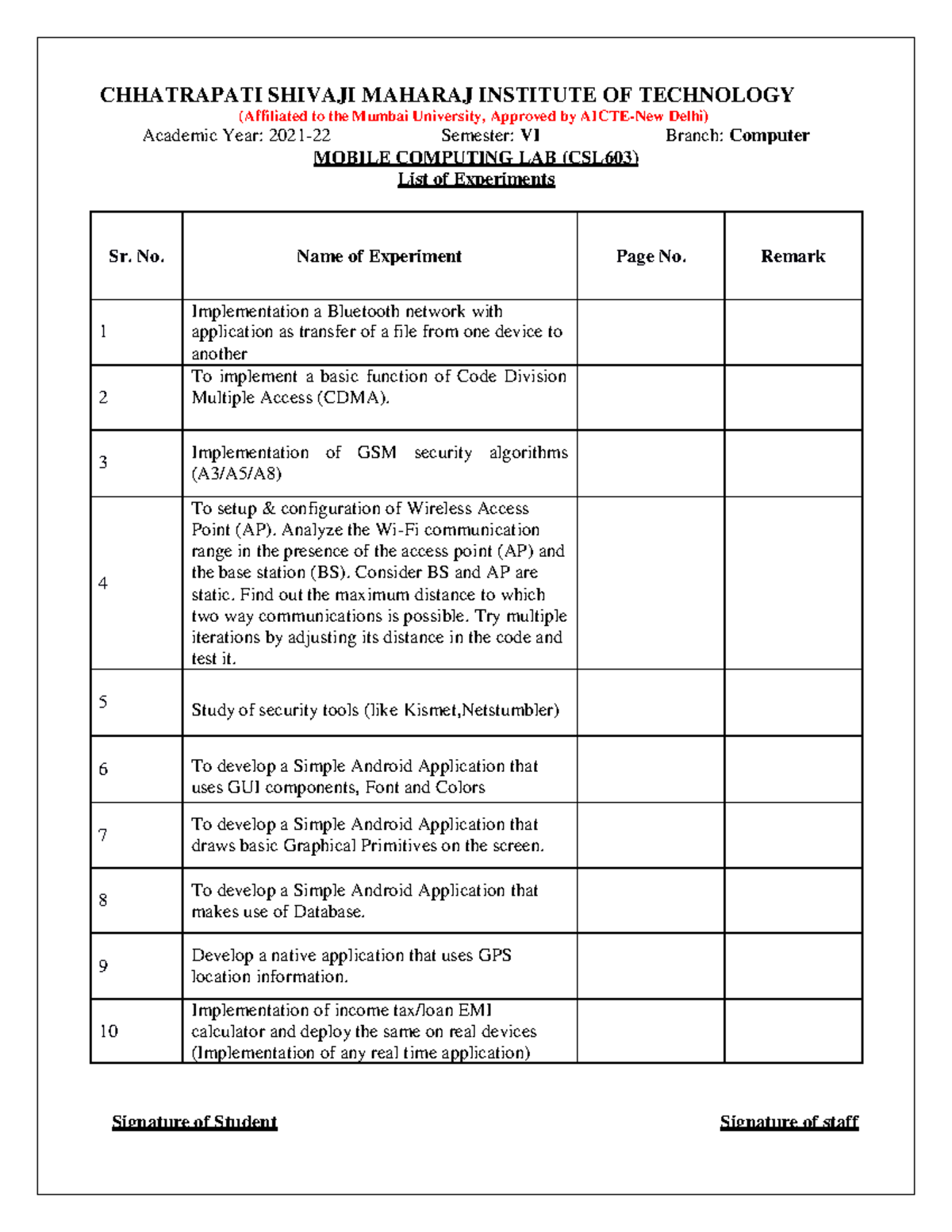 Mobile Computing Lab Experiments - CSL603 - Semester 6 - Studocu
