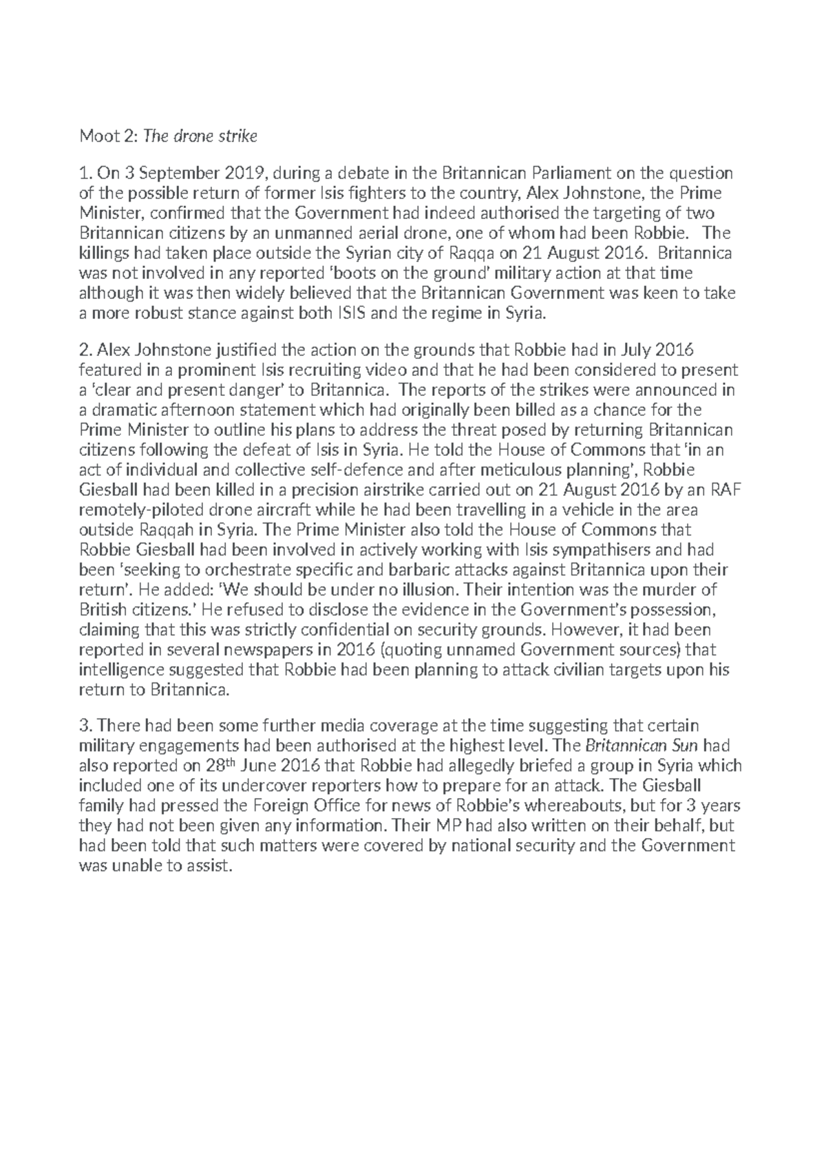Moot 2: The Drone Strike Case Study on Britannican Military Action - Studocu