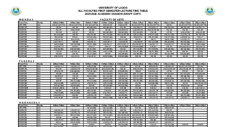 UNILAG ALL FACULTIES FIRST SEMESTER LECTURE TIME TABLE 2023 - Studocu