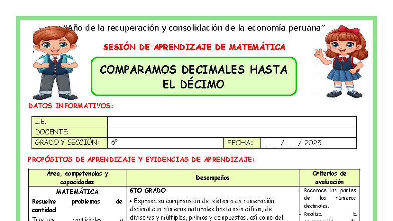 SES- Mierc-MAT- Comparación de Números Decimales hasta el Décimo - Studocu