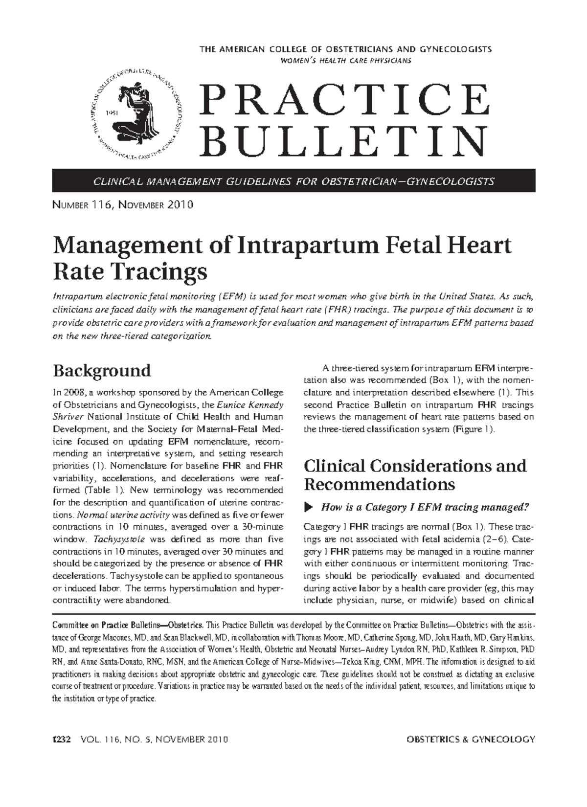 ACOG Practice Bulletin: Management of Intrapartum Fetal Heart Rate ...