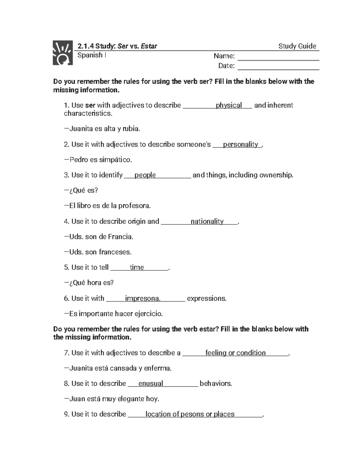 Spanish I 2.1.4 Study Guide: Rules for Ser vs Estar - Studocu