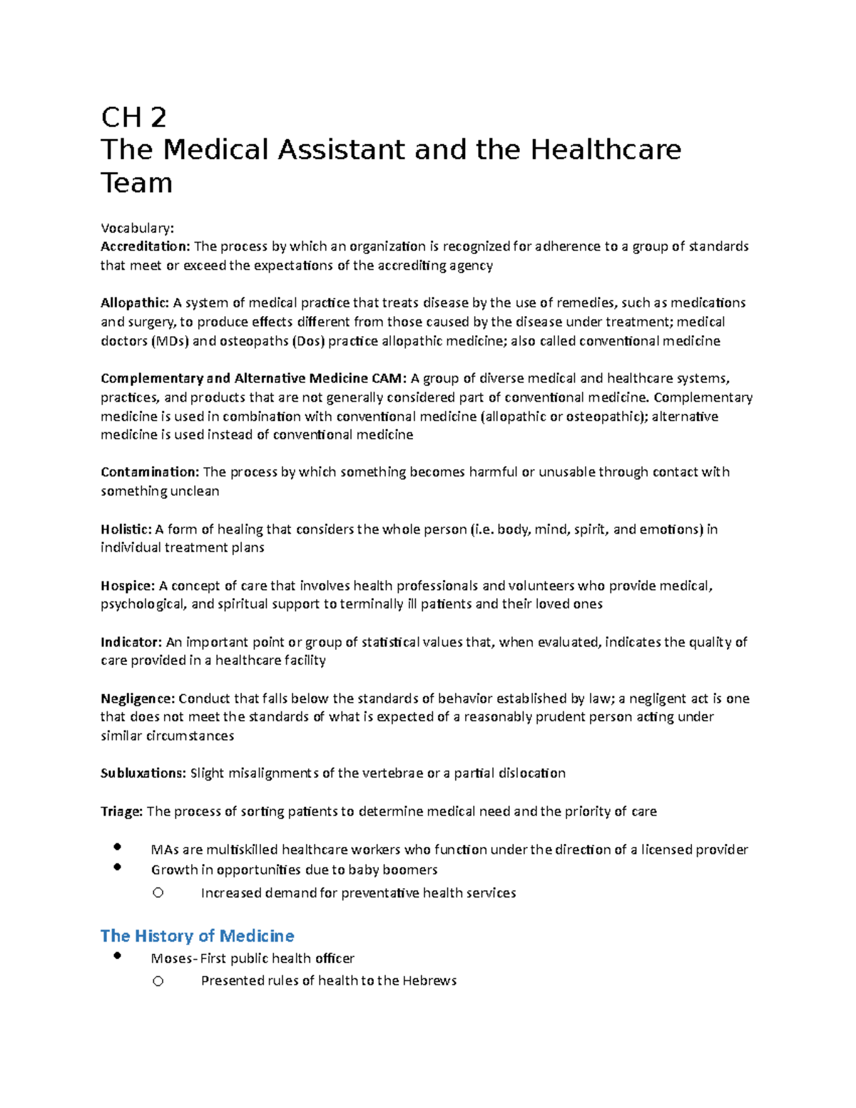 CH 2 Notes: Understanding Medical Assistants and Healthcare Roles - Studocu