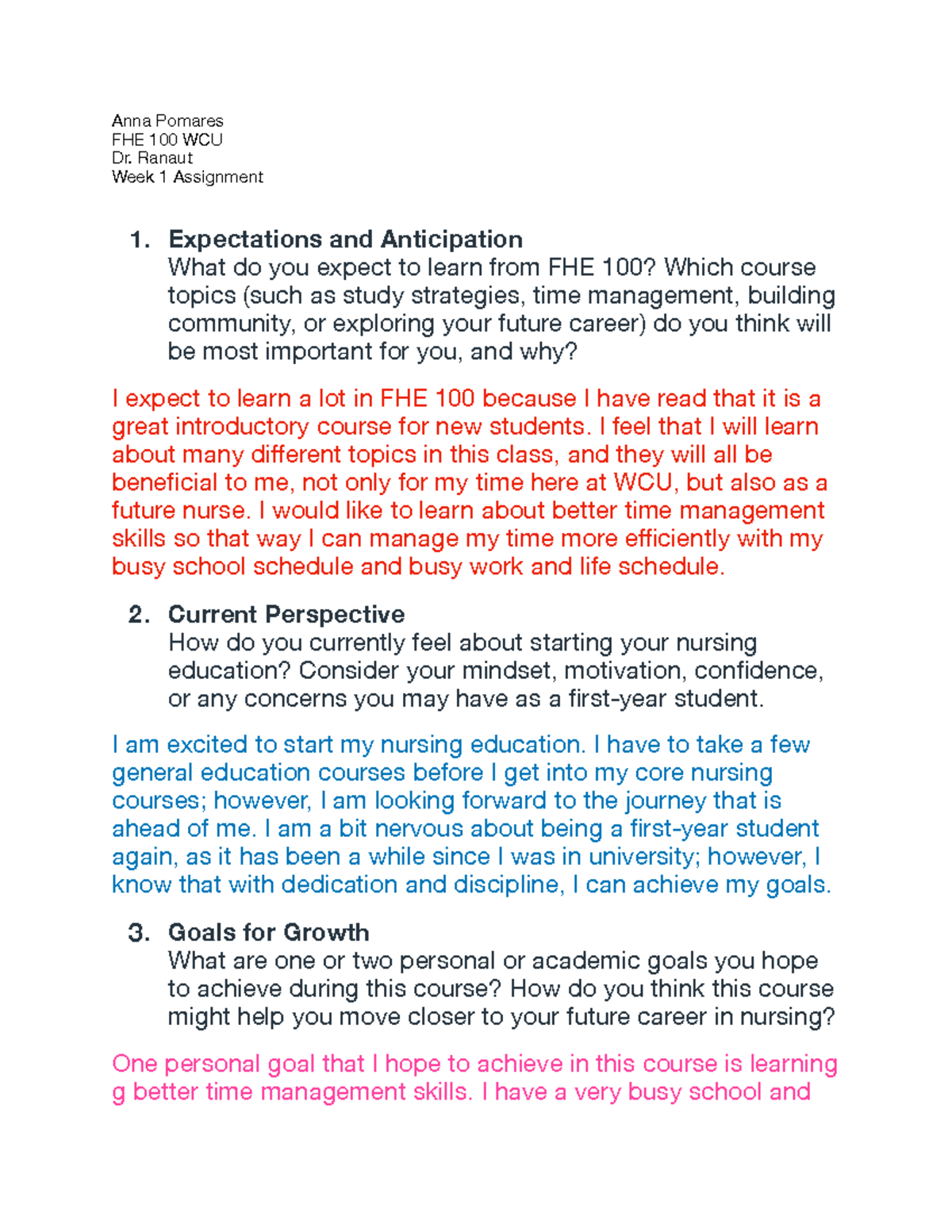 FHE 100 WCU Week 1 Assignment: Expectations & Goals for Nursing - Studocu