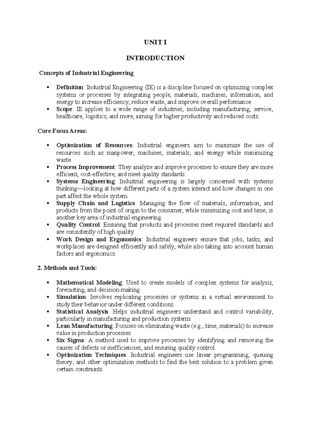 IIE 101: Unit I - Introduction to Industrial Engineering Concepts - Studocu