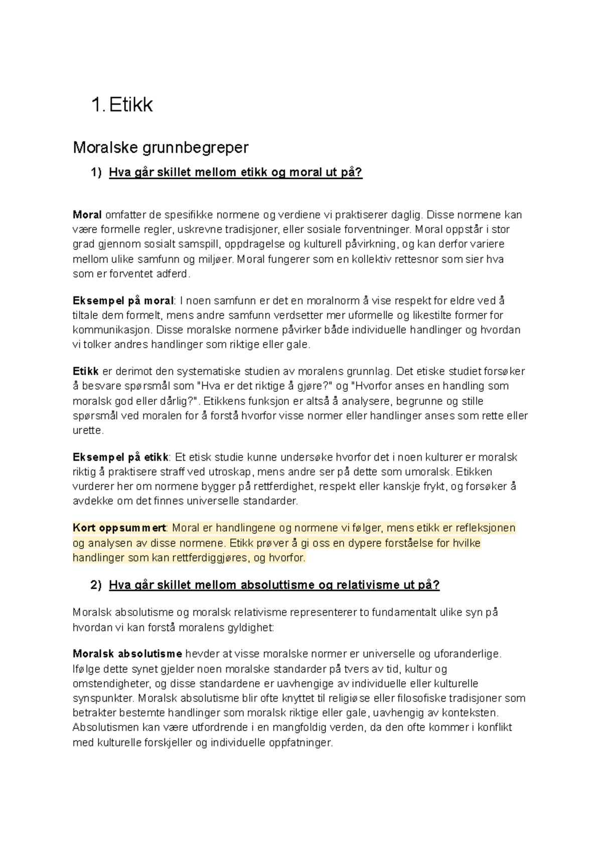 Etikk og Moral: Grunnleggende Begreper og Teorier (Kurskode: 1) - Studocu