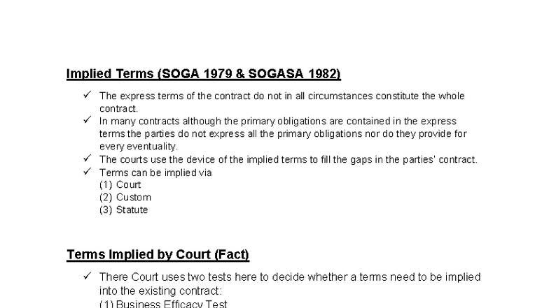 Implied Terms in Contracts: SOGA 1979 & SOGASA 1982 Overview - Studocu