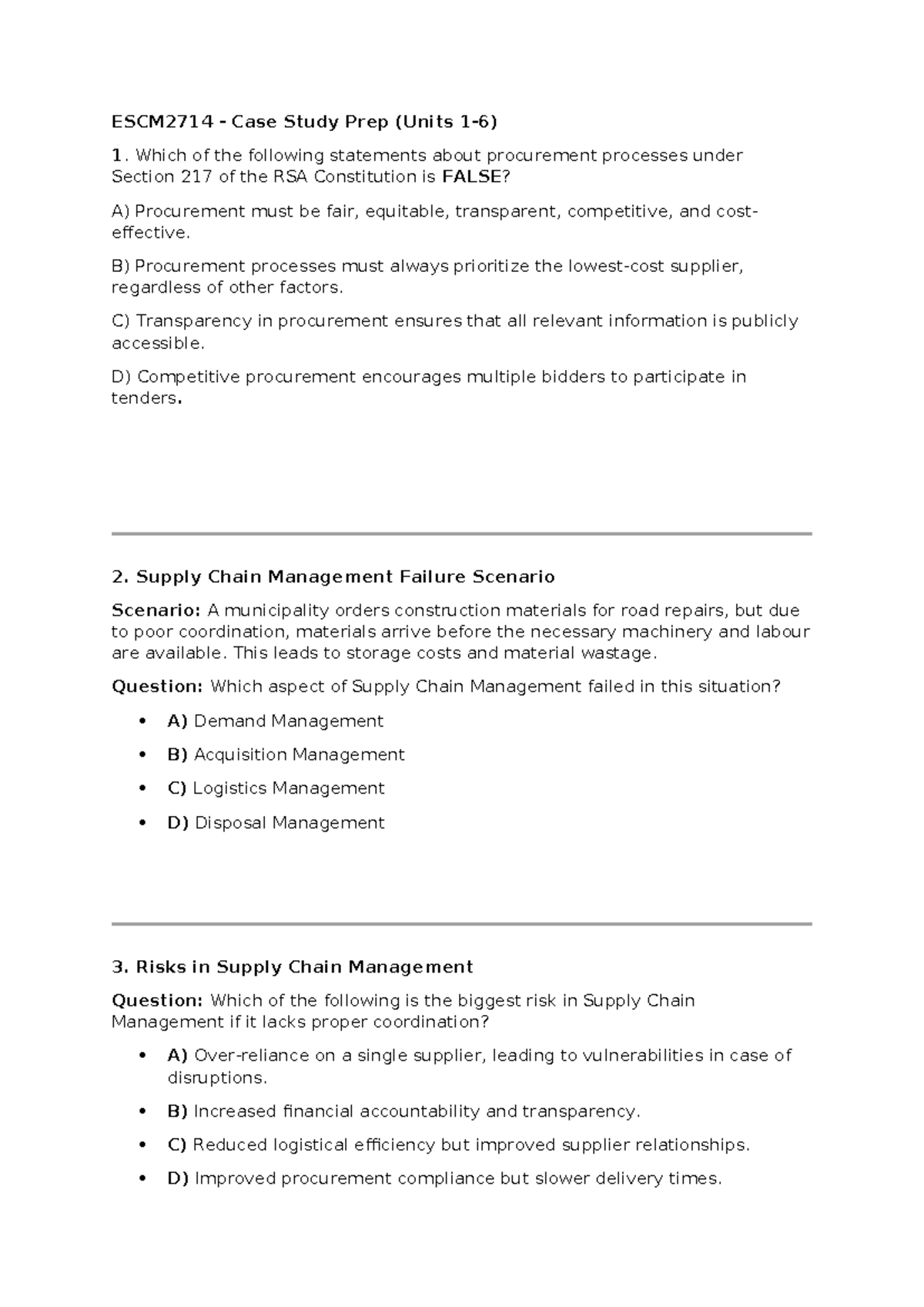 ESCM2714 Case Study 2 Prep: Key Procurement Concepts & Scenarios - Studocu
