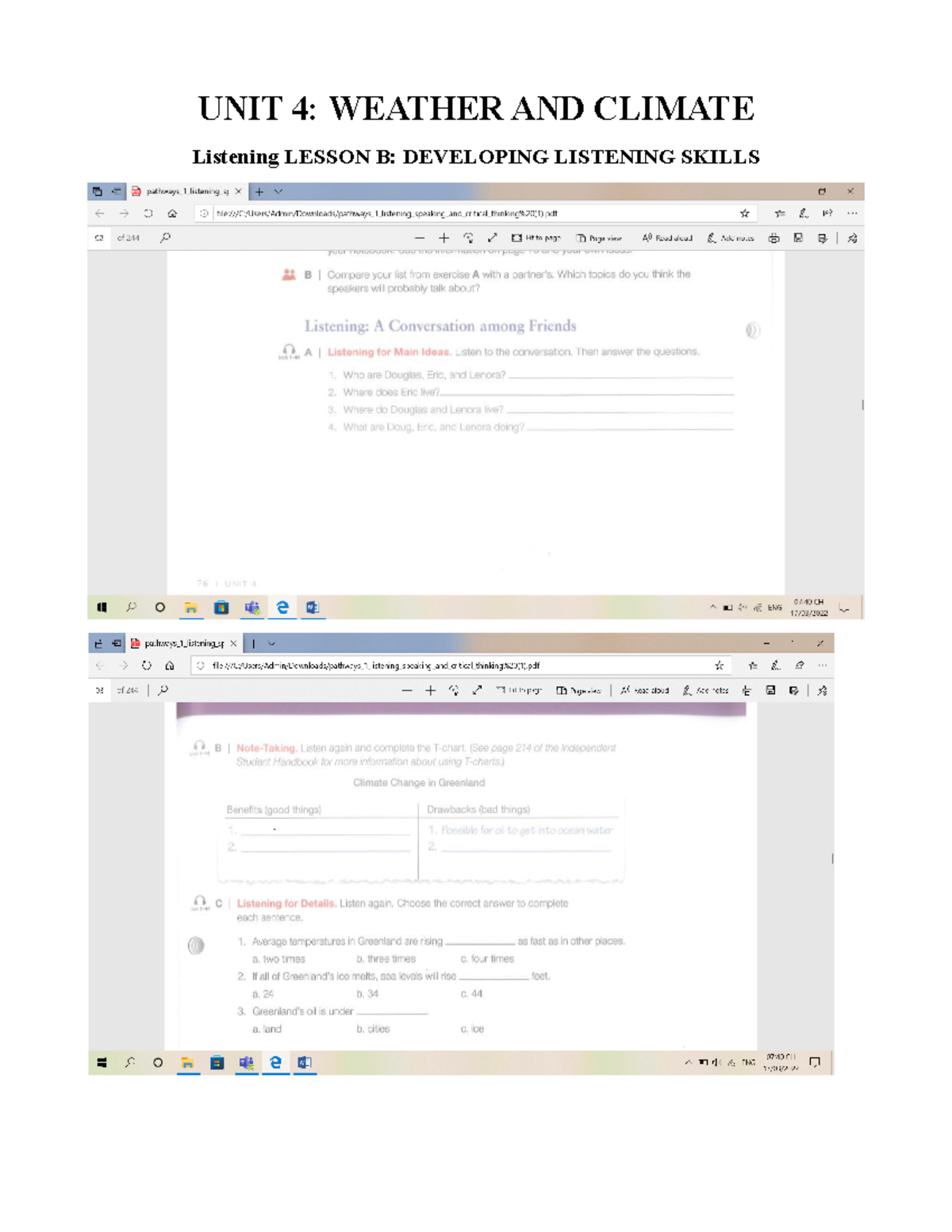 UNIT 4 listening lesson B - UNIT 4: WEATHER AND CLIMATE Listening ...