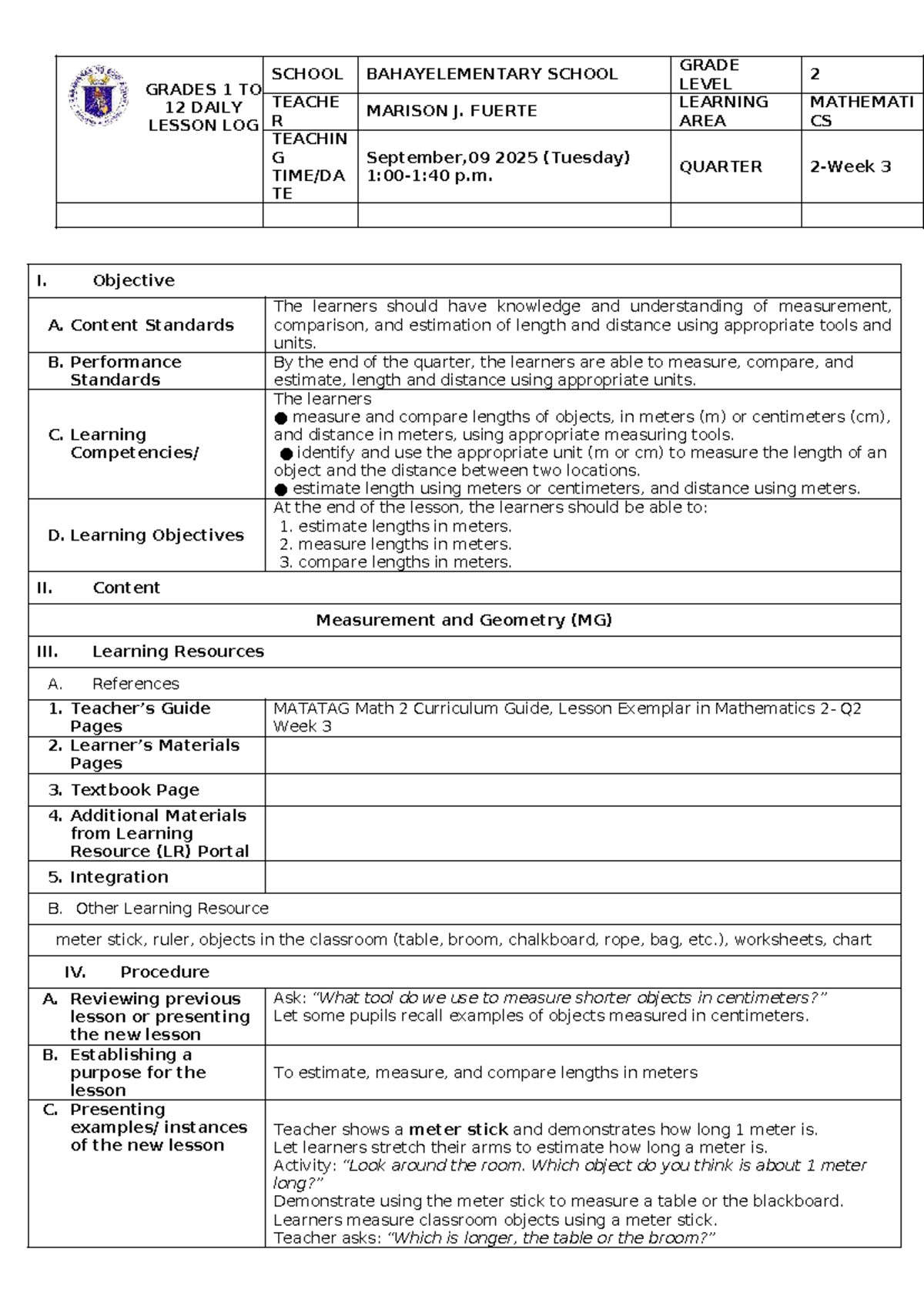 DLP MATH 3 Q2 Week 3 Day 2 - Measurement & Geometry Lesson Plan - Studocu