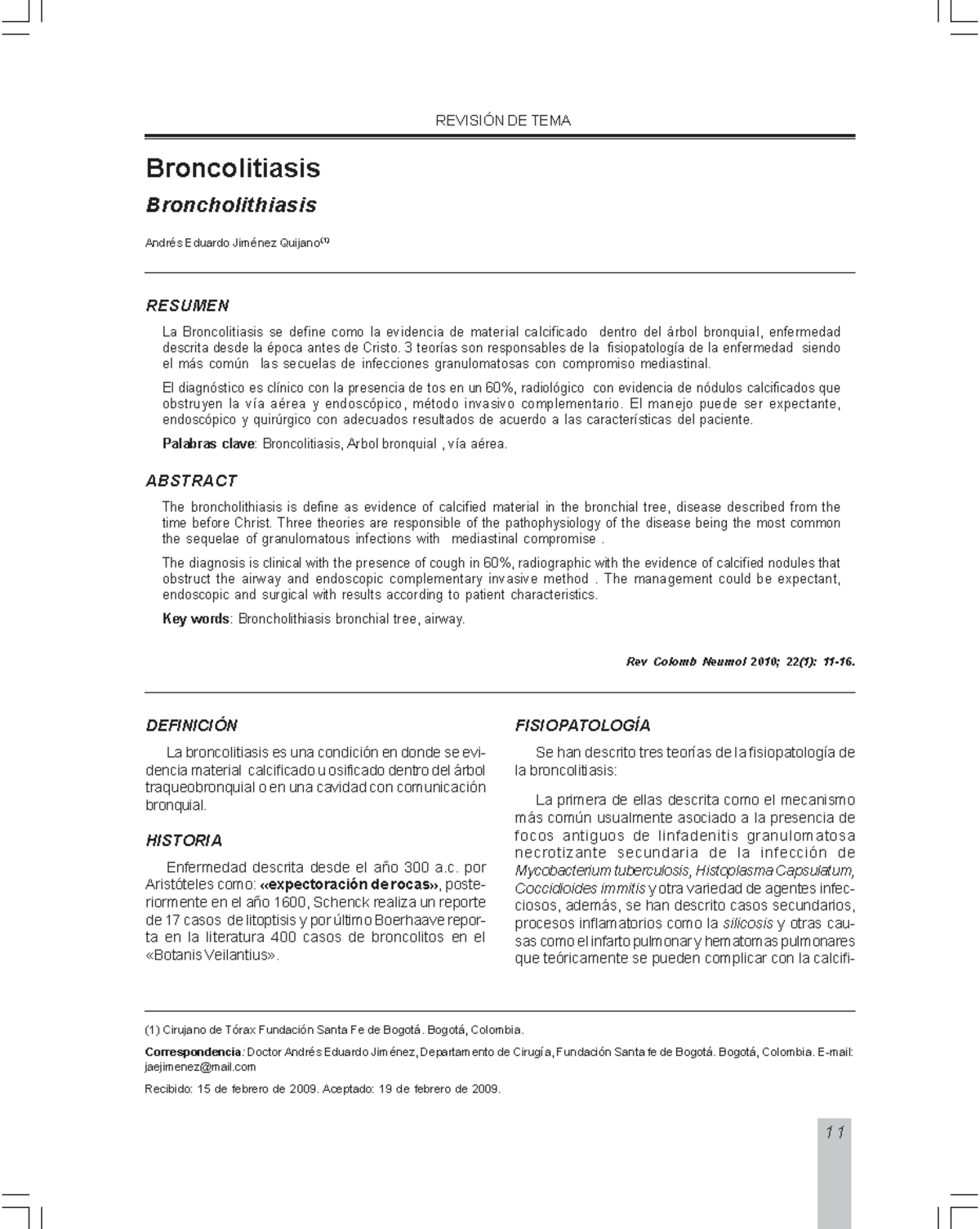 Revisión de Broncolitiasis: Fisiopatología y Manejo Clínico - Studocu