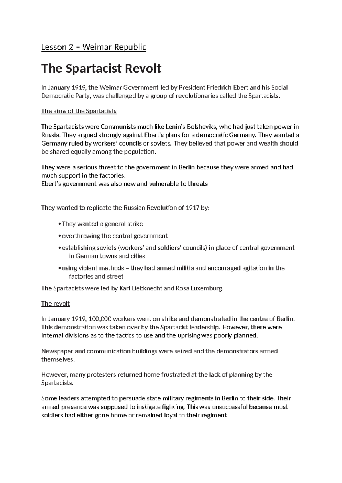 Lesson 2: The Spartacist Revolt and Its Impact on Weimar Germany - Studocu